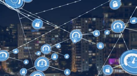 Animation Of Connected Icons Over Illuminated Modern Buildings Against
