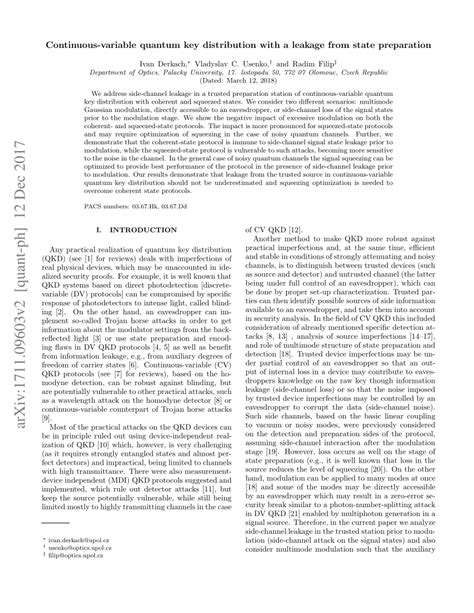 Pdf Continuous Variable Quantum Key Distribution With A Leakage From State Preparation