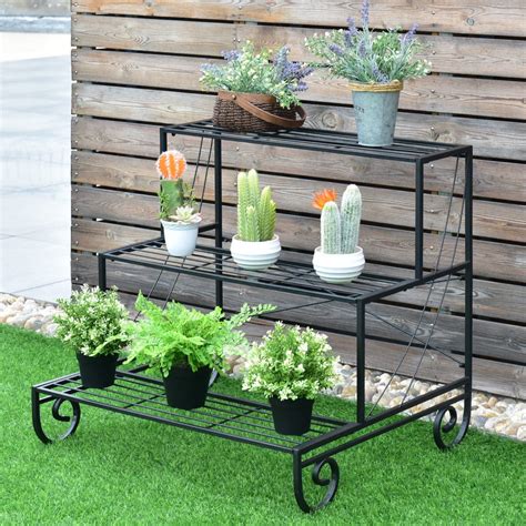Metal Plant Shelf Flower Display Stand Garden Planter Holder With 4