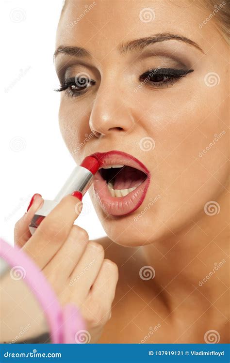 Woman Applying Lipstick Stock Image Image Of Lips Front 107919121
