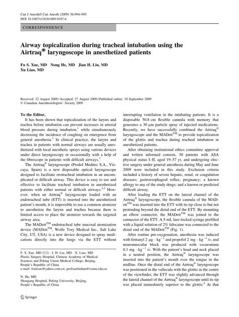 Pdf Airway Topicalization During Tracheal Intubation … Topicalization During Tracheal