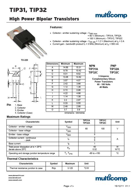 TIP C Datasheet Transistor Equivalent Multicomp