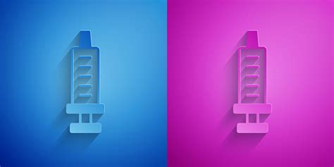 파란색과 보라색 배경에 격리 된 주사기 아이콘을 잘라 용지 백신 예방 접종 주사 독감 주사용 주사기 의료 장비 종이 아트 스타일 벡터 3차원 형태에 대한 스톡 벡터 아트 및