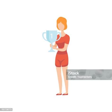 성공적인 여자 문자 서와 트로피 컵을 들고 여자는 그녀의 승리 벡터 일러스트를 축 하 경쟁에 대한 스톡 벡터 아트 및 기타 이미지 경쟁 벡터 사람들 Istock