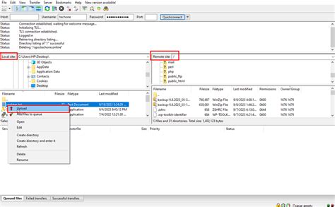 how can i upload files after connecting the ftp to filezilla