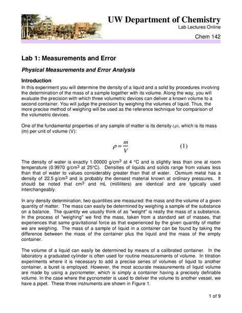 Physical Measurements And Error Analysis Lab 1 Chem 142 Lab
