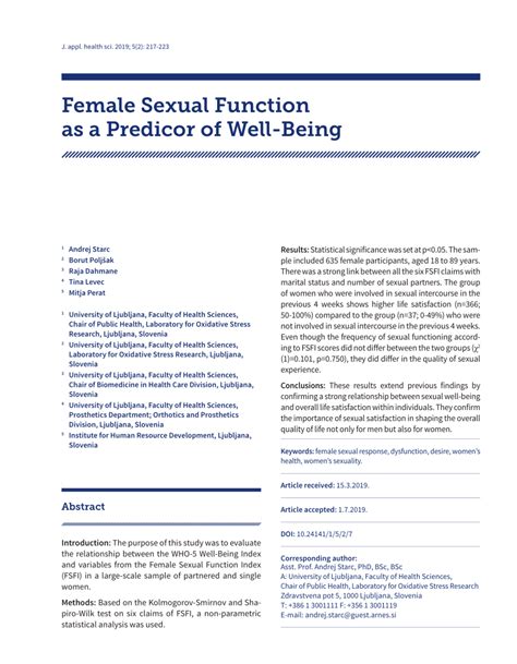 PDF Female Sexual Function As A Predicor Of Well Being