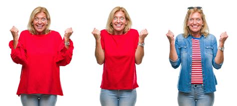 흰색 위에 금발 여자 절연 Backgroud 축 하 하는 아름 다운 중 년의 콜라주는 놀라게 하 고 무기와 성공을 위한 제기 및 오픈 눈 깜짝 놀라게 우승자 개념입니다 금발