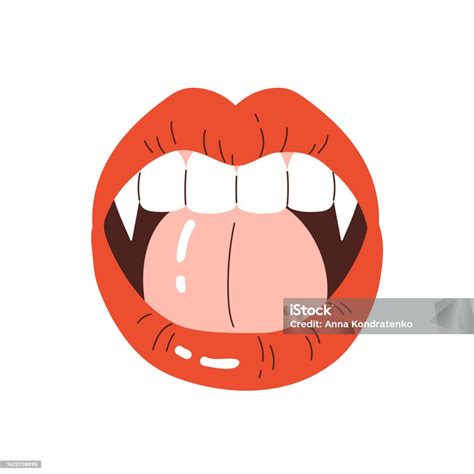 송곳니가있는 뱀파이어 입술 밝은 붉은 입술과 길고 날카로운 이빨을 가진 여성의 입 뱀파이어 미학 할로윈 요소 만화 스타일의 벡터 일러스트레이션 고립 된 흰색 배경 개체