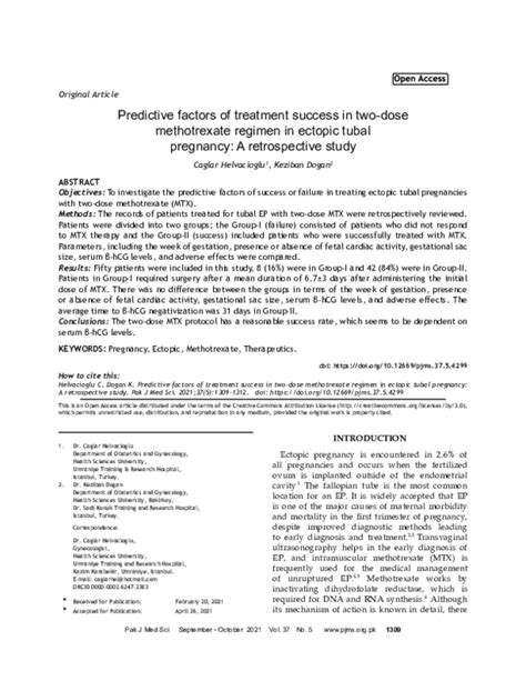 Pdf Predictive Factors Of Treatment Success In Two Dose Methotrexate Regimen In Ectopic Tubal