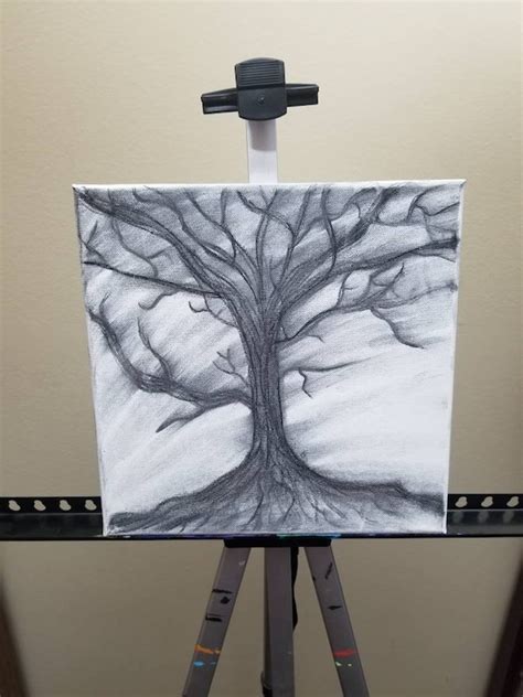 Charcoal Tree Drawing Handmade Art On Canvas Etsy