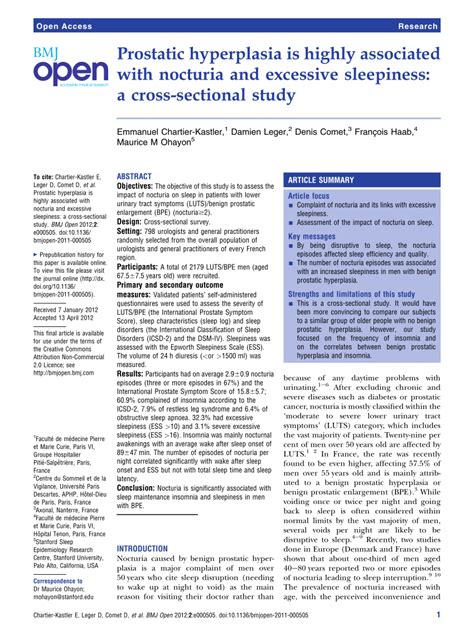 Pdf Prostatic Hyperplasia Is Highly Associated With Nocturia And Excessive Sleepiness A Cross