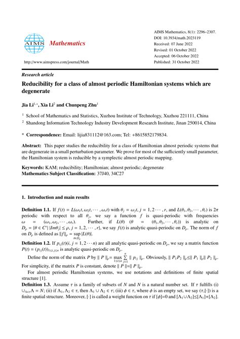 Pdf Reducibility For A Class Of Almost Periodic Hamiltonian Systems Which Are Degenerate