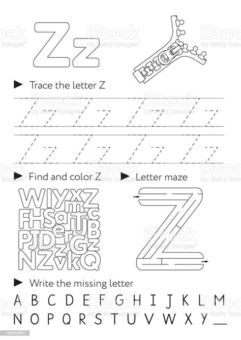 어린이를위한 필기 통합 문서 문자 학습을 위한 워크시트입니다 아이들을위한 활동 책 유치원에 대한 흑백 교육 페이지 편지 Z 6 7 살에 대한 스톡 벡터 아트 및 기타 이미지