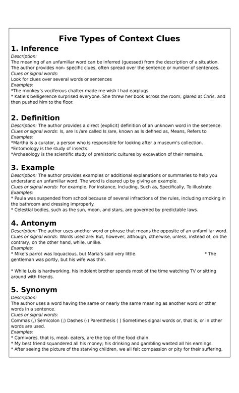 Context Clue Five Types Of Context Clues 1 Inference Description