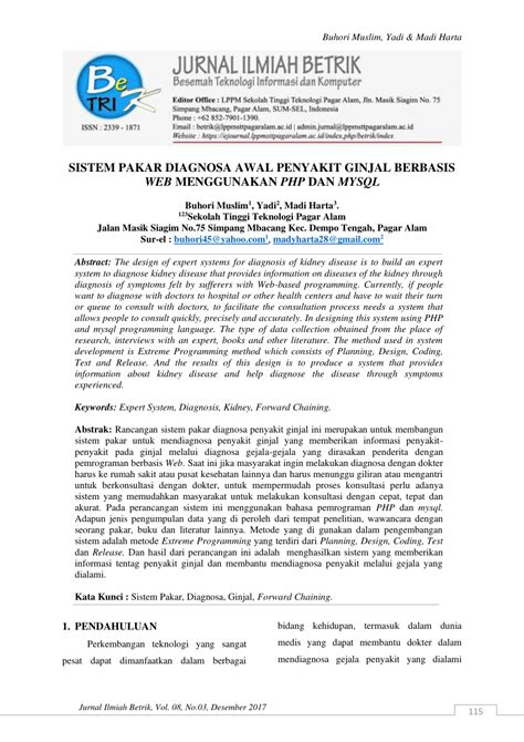 Pdf Sistem Pakar Diagnosa Awal Penyakit Ginjal Berbasis Web