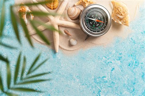 모래 파도와 바다의 창조적 인 레이아웃 쉘 바다 별 나침반과 흐린 팜 휴가 및 여행 개념 플랫 레이 탑 뷰 복사 공간 최소한의 이국적인 개념과 여름 해변 배경 개념에 대한