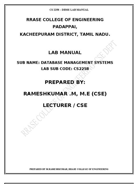 Cs2258 Dbms Lab Manual Pdf Plsql Sql