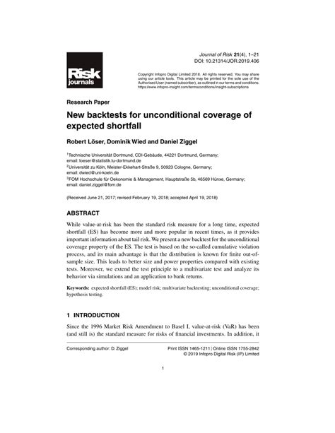 Pdf New Backtests For Unconditional Coverage Of Expected Shortfall