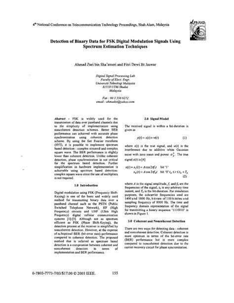 Pdf Detection Of Binary Data For Fsk Digital Modulation Signals Using Spectrum Estimation