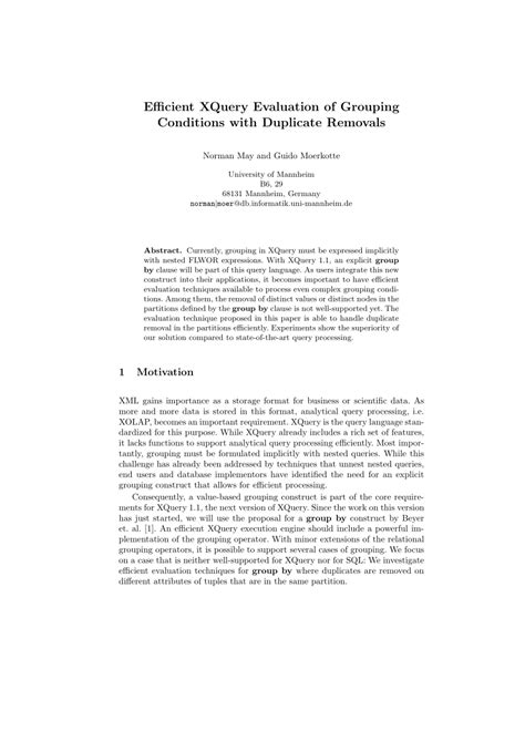 Pdf Efficient Xquery Evaluation Of Grouping Conditions With Duplicate