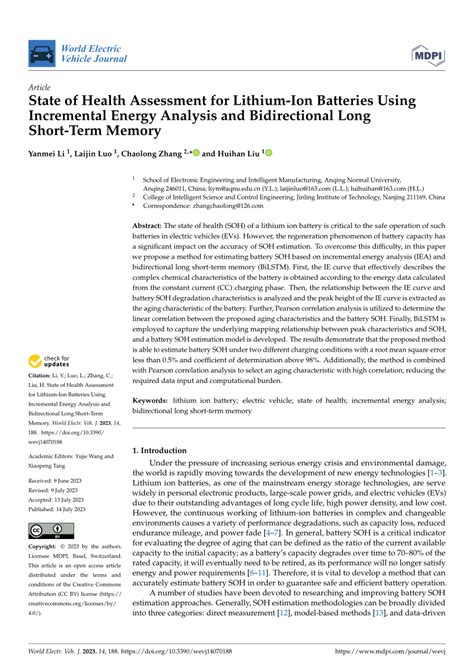Pdf State Of Health Assessment For Lithium Ion Batteries Using Incremental Energy Analysis And