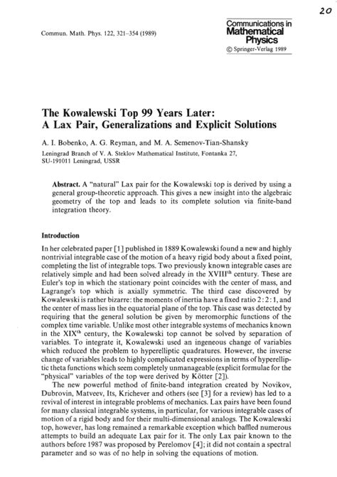 Pdf The Kowalewski Top 99 Years Later A Lax Pair Generalizations And Explicit Solutions