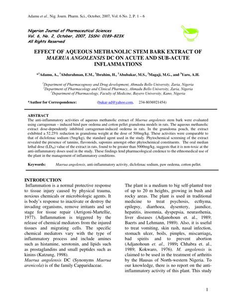 Pdf Effect Of Aqueous Methanolic Stem Bark Extract Of Maerua Angolensis Dc On Acute And Sub