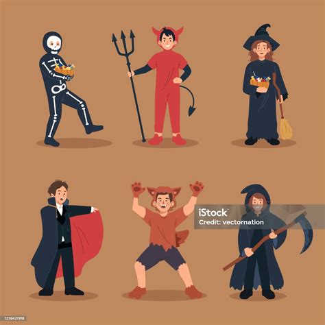 할로윈 의상을 입은 아이들 해골 악마 마녀 드라큘라 늑대 인간 냉혹한 사신 캐릭터 일러스트 사탕주면 안 잡아먹지에 대한 스톡 벡터 아트 및 기타 이미지 Istock