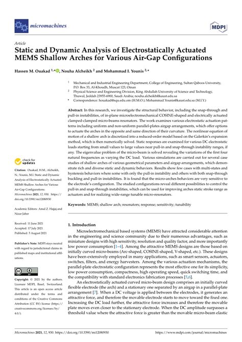 Pdf Static And Dynamic Analysis Of Electrostatically Actuated Mems Shallow Arches For Various
