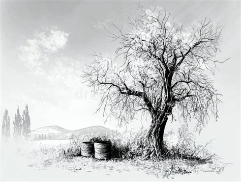 Tree Sketch A Detailed Illustration Of A Tree Emphasizing Its Structure And Surroundings