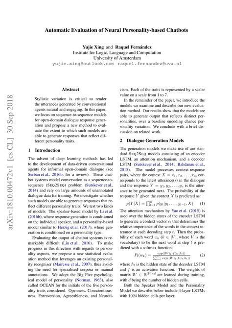 Pdf Automatic Evaluation Of Neural Personality Based Chatbots
