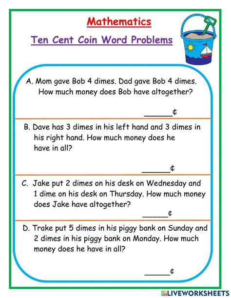 Word Problem Counting Ten Cent Coins Green Hw Worksheet Live Worksheets Library
