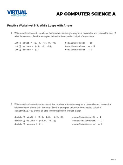 Ap Computer Science A Practice Worksheet 53 While Loops With Arrays