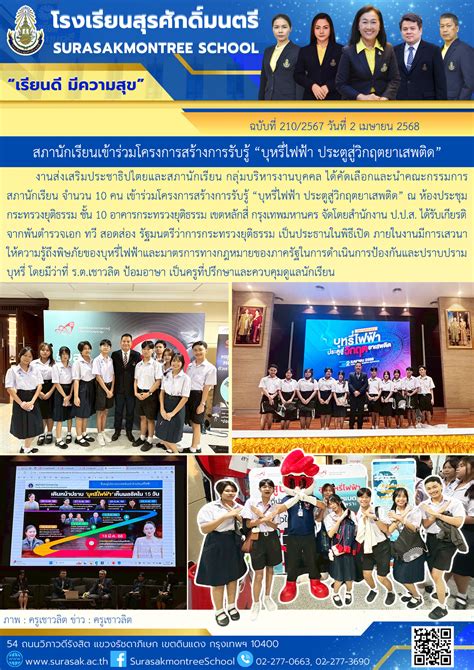 โรงเรียนสุรศักดิ์มนตรี สภานักเรียนเข้าร่วมโครงการสร้างการรับรู้ “บุหรี่ไฟฟ้า ประตูสู่วิกฤต