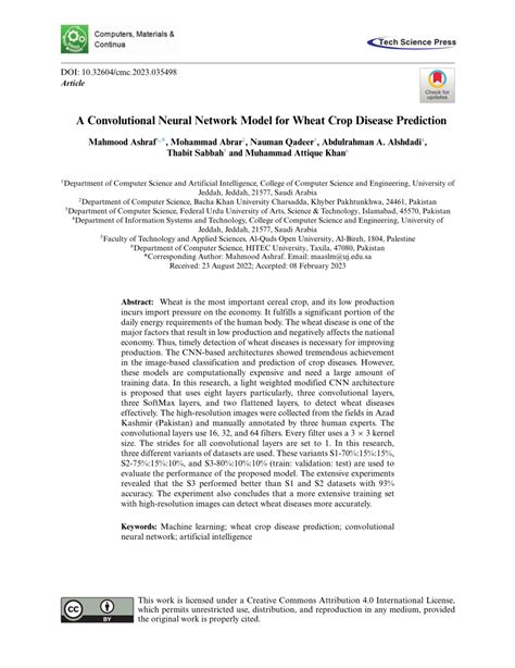 Pdf A Convolutional Neural Network Model For Wheat Crop Disease Prediction