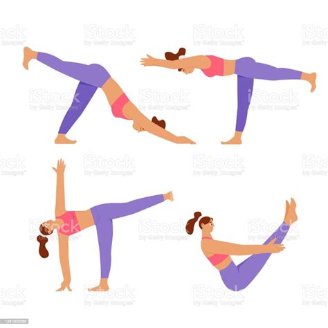 요가 아사나의 큰 컬렉션 포즈 요가를 연습하는 여자 플랫 벡터 일러스트레이션 격리된 문자 운동 소녀 세트 Mental