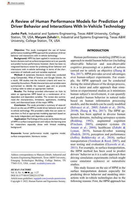 pdf a review of human performance models for prediction of driver