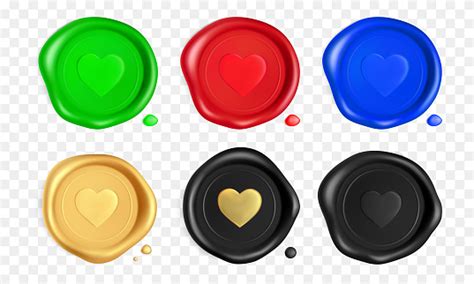 하트가 놓인 왁스 씰 녹색 빨간색 파란색 금색 검은 왁스 씰 스탬프와 하트가 흰색 배경에 고립되어 있습니다 사실적인 보장 스탬프