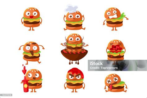 벡터 일러스트의 햄버거 패스트 푸드 샌드위치 만화 인간화 문자 이모티콘 스티커 세트 거리에 대한 스톡 벡터 아트 및 기타 이미지 거리 고기 굽기 Istock