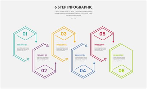 슬라이드 프리젠 테이션을 위해 화살표 방향과 위아래로 연결된 육각형이있는 6 포인트 단계 템플릿이있는 6 포인트 템플릿 인포 그래픽 개요 스타일 0명에 대한 스톡 벡터 아트