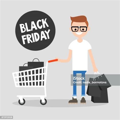 검은 금요일 판매 젊은 문자 검은 쇼핑백을 잔뜩 들고 특별 한 제공 합니다 쇼핑 카트입니다 큰 판매 이벤트입니다 평면 편집 가능한 벡터 일러스트 레이 션 클립 아트 Z세대에