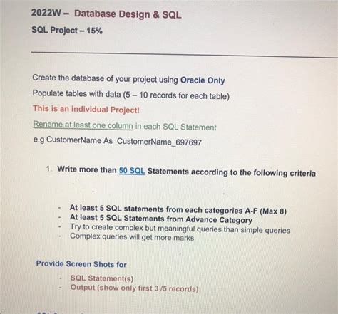 Solved 2022w Database Design And Sql Sql Project 15 Create