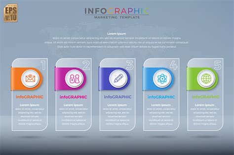 인포 그래픽 비즈니스 다채로운 템플릿 벡터 디자인 라운드 아이콘과 반짝이는 바 유리 투명도 플레이트 스타일의 5 옵션 또는 단계 마케팅 프로세스 워크플로 프레젠테이션 레이