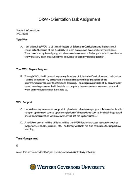 WGU ORA Orientation Task For Masters In Curriculum Instruction Studocu