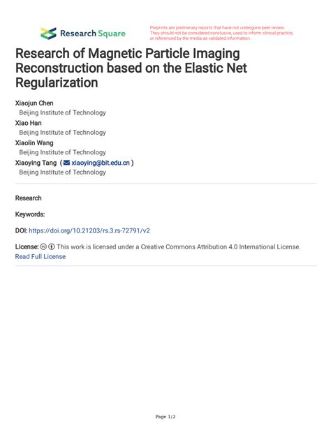 Pdf Research Of Magnetic Particle Imaging Reconstruction Based On The Elastic Net Regularization