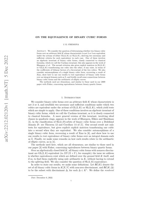 Pdf On The Equivalence Of Binary Cubic Forms