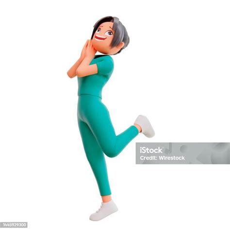 3d 렌더링 만화 간호사가 병원 가운 유니폼을 입고 행복한 얼굴로 꿈을 꾸고 있다 3차원 형태에 대한 스톡 사진 및 기타 이미지 3차원 형태 간호사 건강관리와 의술