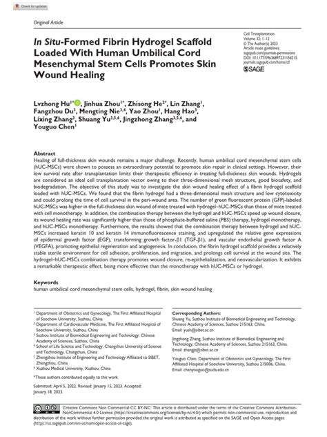 Hu Et Al 2023 In Situ Formed Fibrin Hydrogel Scaffold Loaded With Human