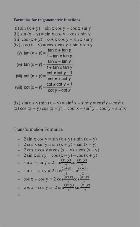 Formulas For Trigonometric Functions Filo